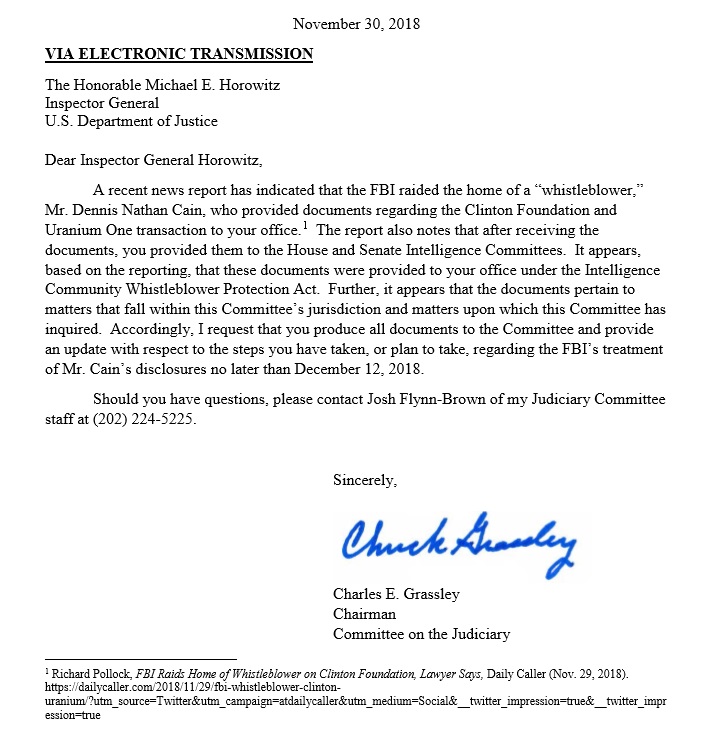 Grassley Questions Horowitz About FBI Raid on Whistleblower.... - The ...