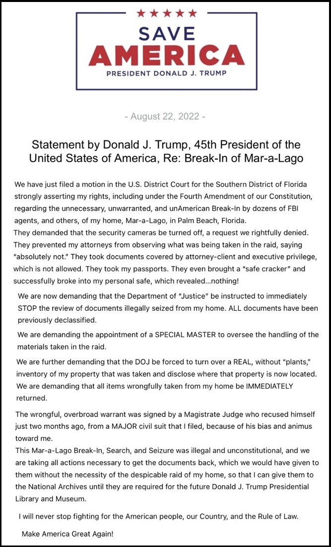 President Trump Asks Court to Appoint Special Master to Review Seized ...