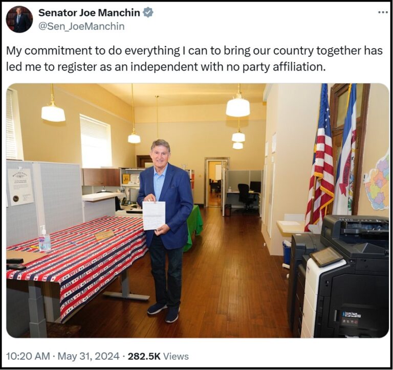 Senator Joe Manchin (WV) Quits Democrat Party, Registers as Independent ...